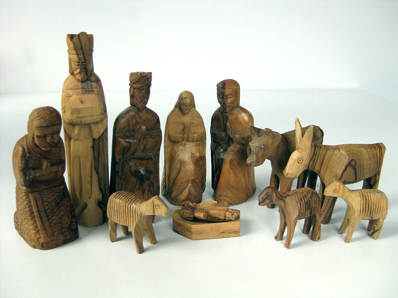 Vtg Nativity Set 12 Olive Wood Hand Carved Creche Bethlehem Israel Folk ...