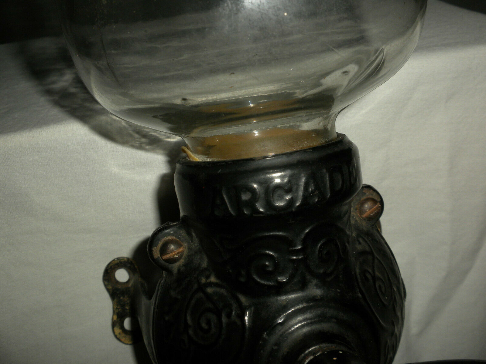 Antique ARCADE CRYSTAL Black CAST IRON WALL Mount Coffee Grinder/Orig ...