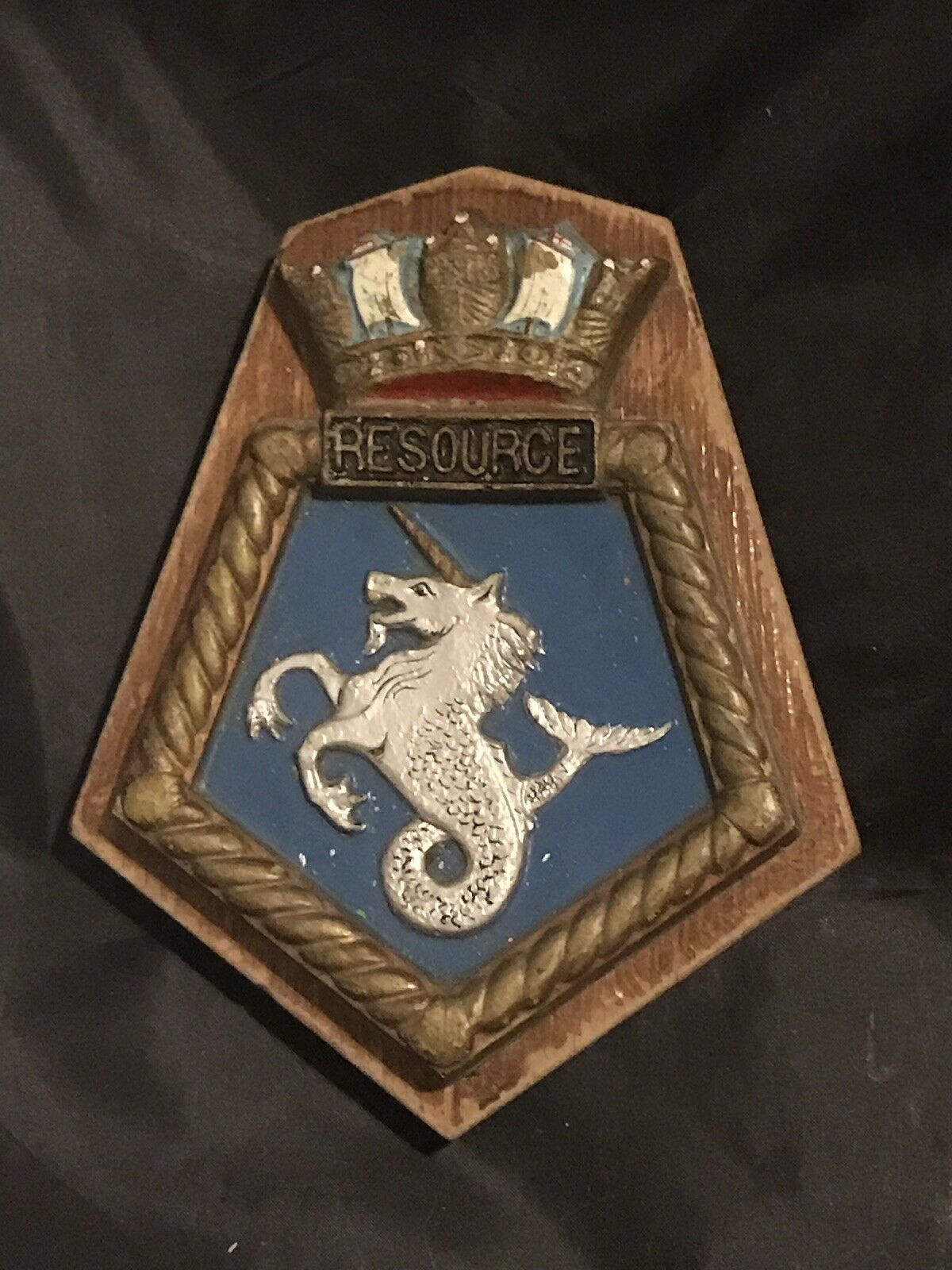 Vintage Oak HMS Resource Hand Painted Royal Navy Ship Crest Shield ...