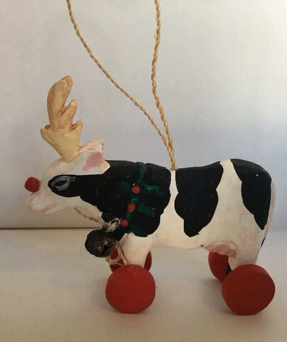 Vintage Wooden Cow Reindeer On Wheels Hand Painted Christmas Holiday ...