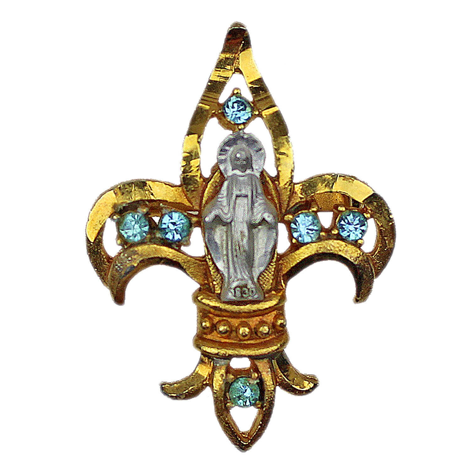 Vintage Virgin Mary Holy Medal Brooch Pin, Gold Fleur De Lis, Blue ...