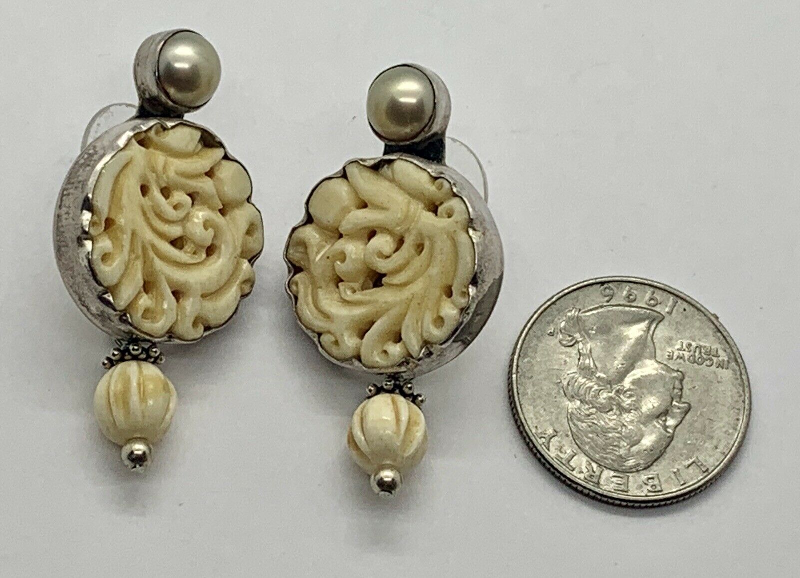 VINTAGE AKR AMY KAHN RUSSEL HAND CARVED BOVINE BONE & PEARL STERLING ...