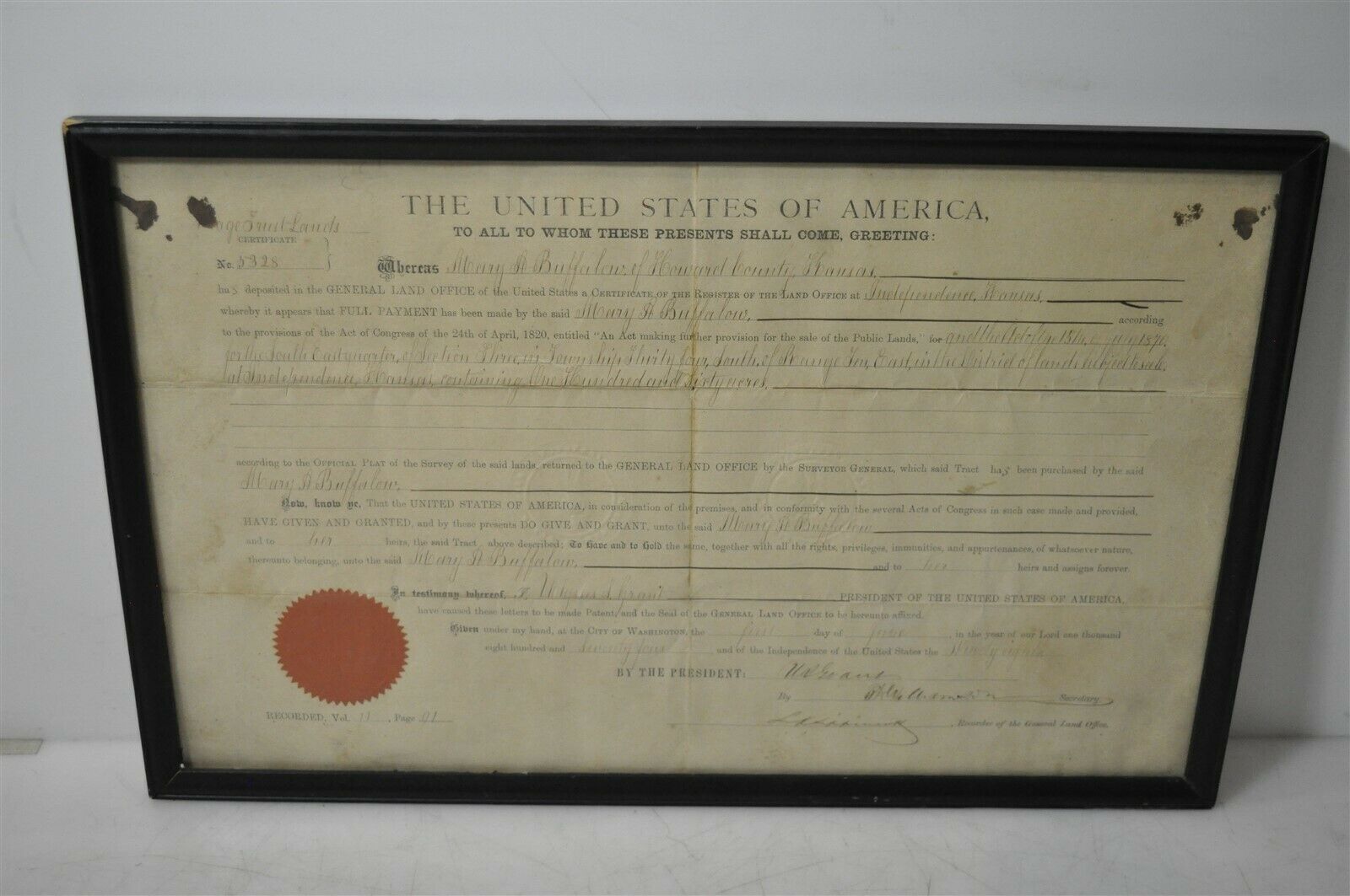 Antique 1874 United States Homestead Land Deed Framed 17 " X11 ...