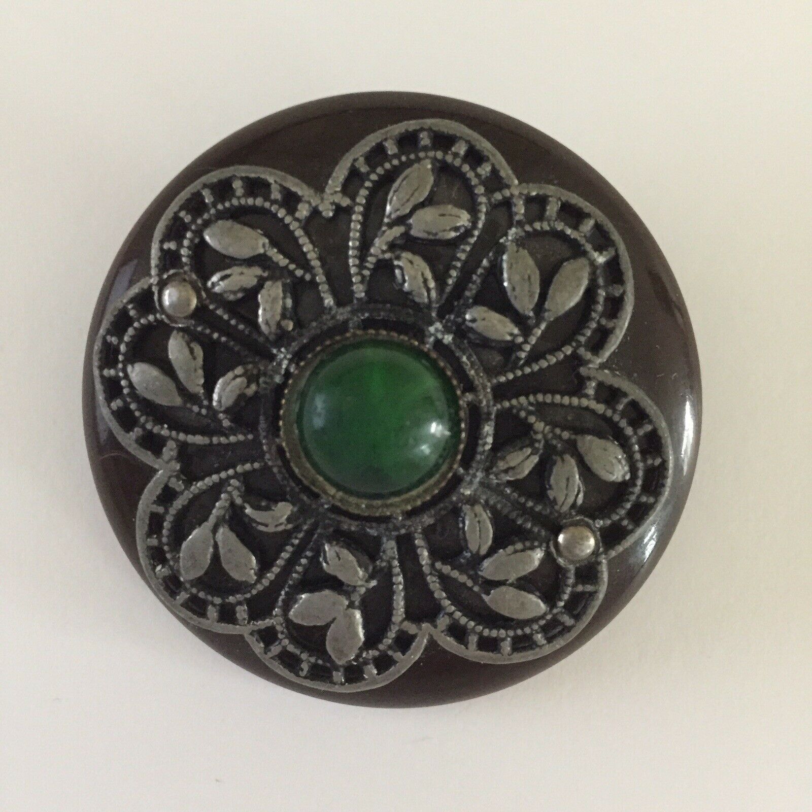 BAKELITE Vintage Button W GREEN CAB W FLORAL OPEN WORK Metal | #18993356