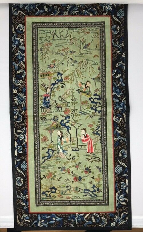 Chinese Antique Textile Sleeve Bands Panel Figures In Garden Peking ...