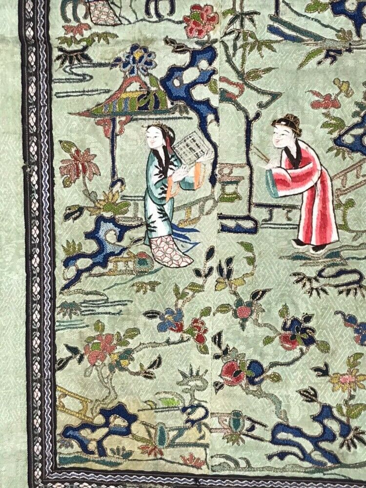 Chinese Antique Textile Sleeve Bands Panel Figures In Garden Peking ...