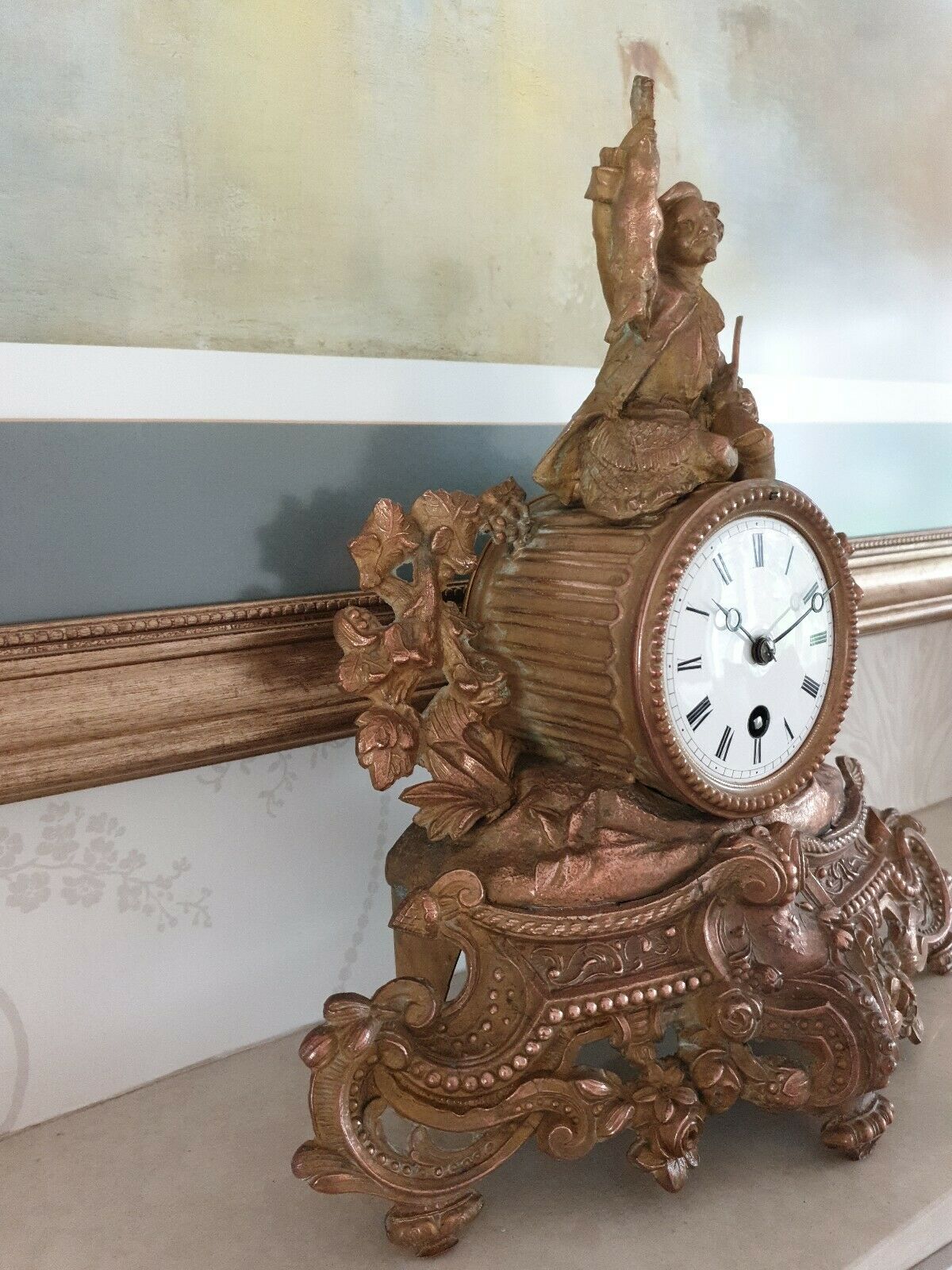 French Gilded Copper Mantel Clock Depicting A Poacher | #19013974