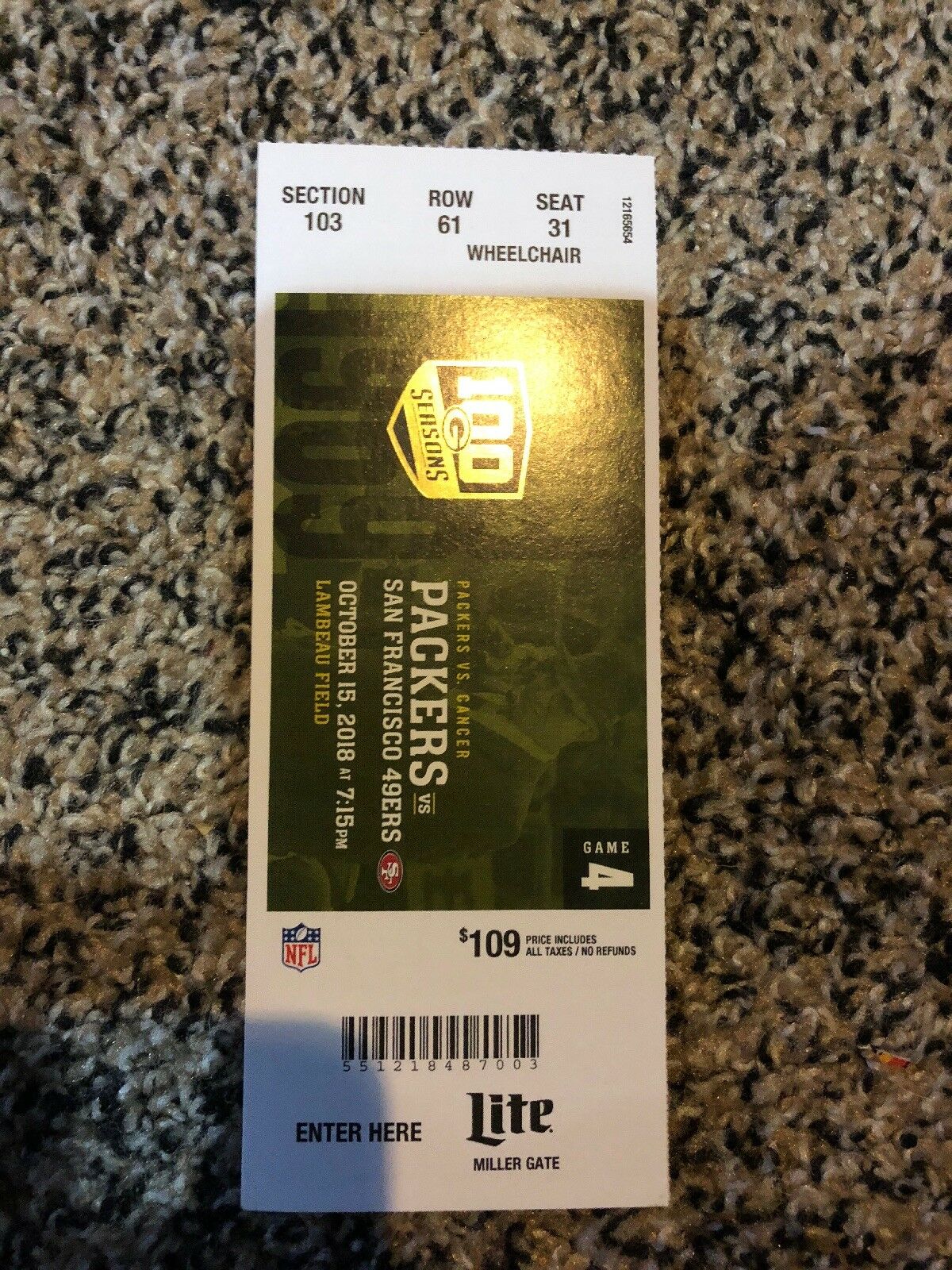 2018 GREEN BAY PACKERS VS SAN FRANCISCO 49ERS NFL FOOTBALL TICKET STUB ...