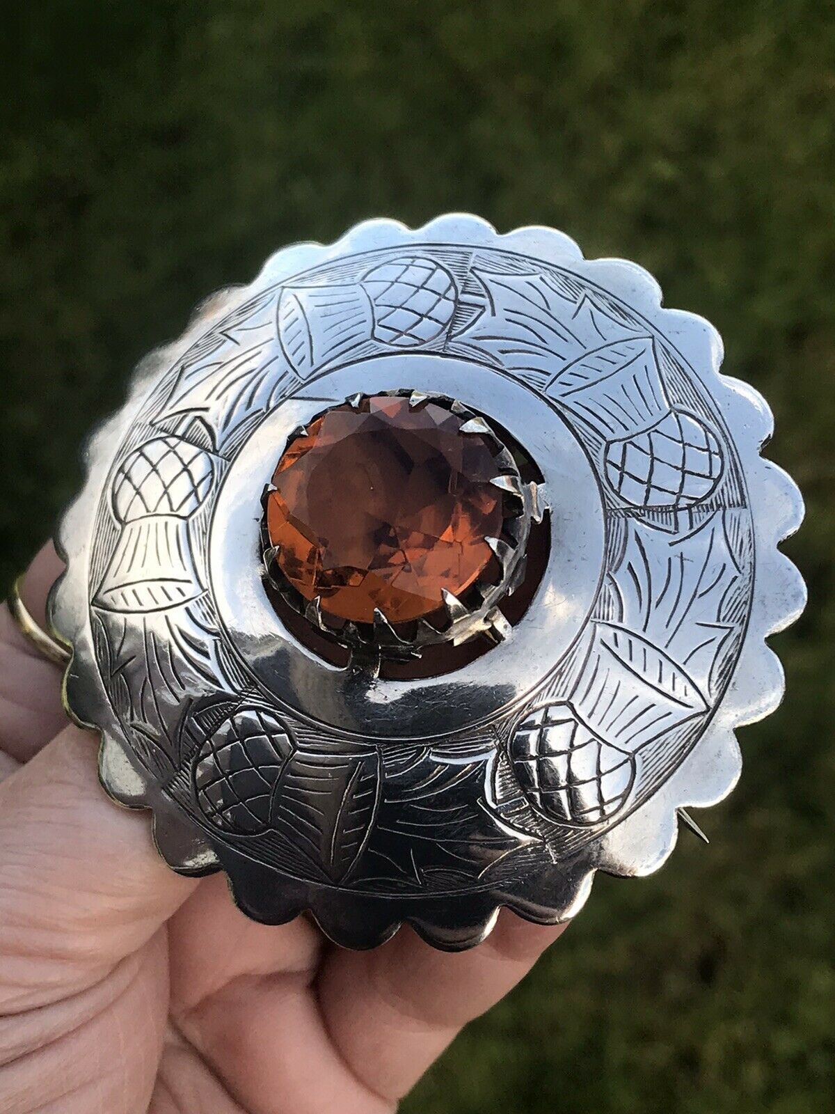 UNUSUAL LARGE ANTIQUE HEAVY SILVER PLATE ORANGE GARNET SCOTTISH PLAID ...