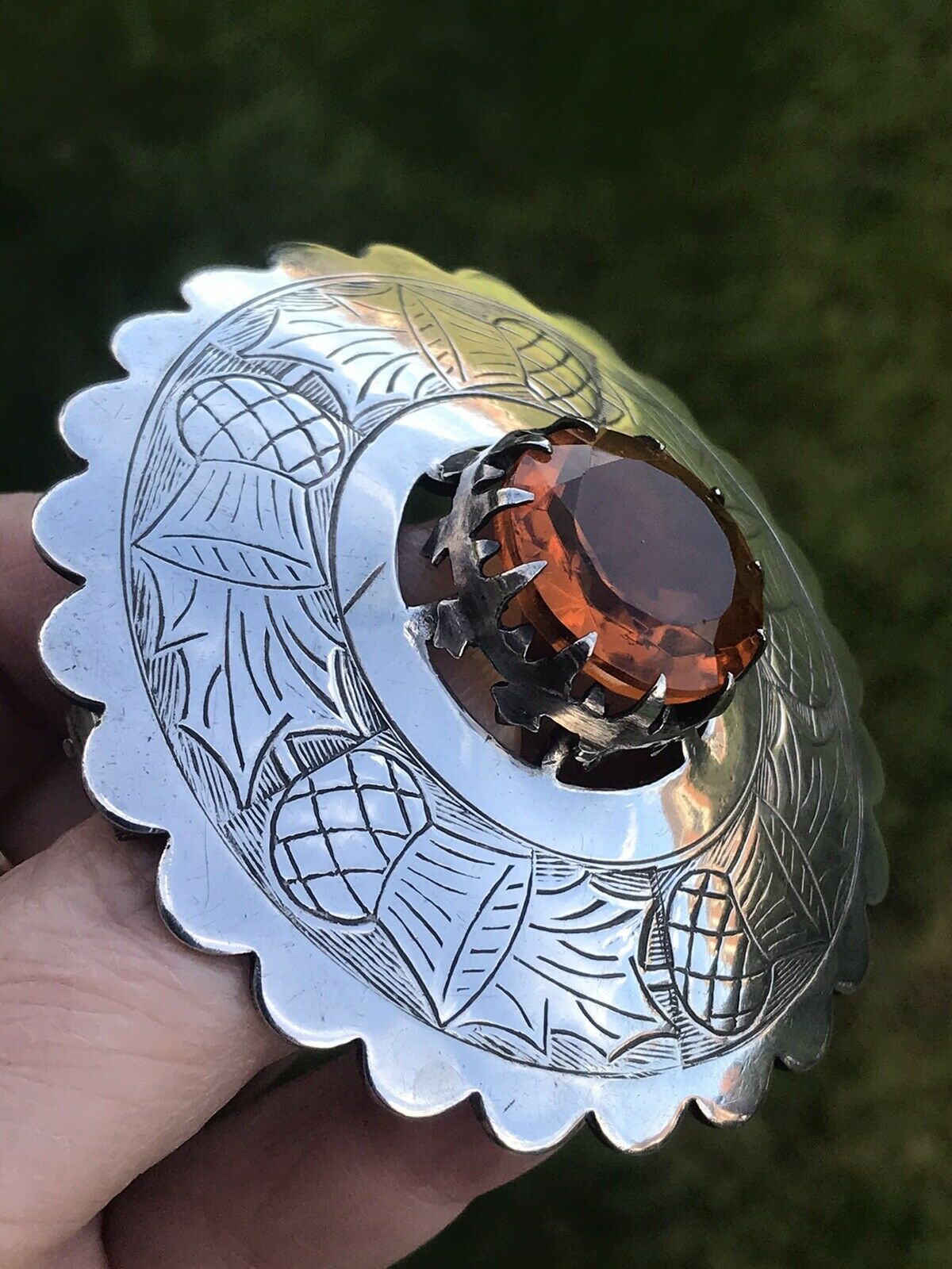 UNUSUAL LARGE ANTIQUE HEAVY SILVER PLATE ORANGE GARNET SCOTTISH PLAID ...