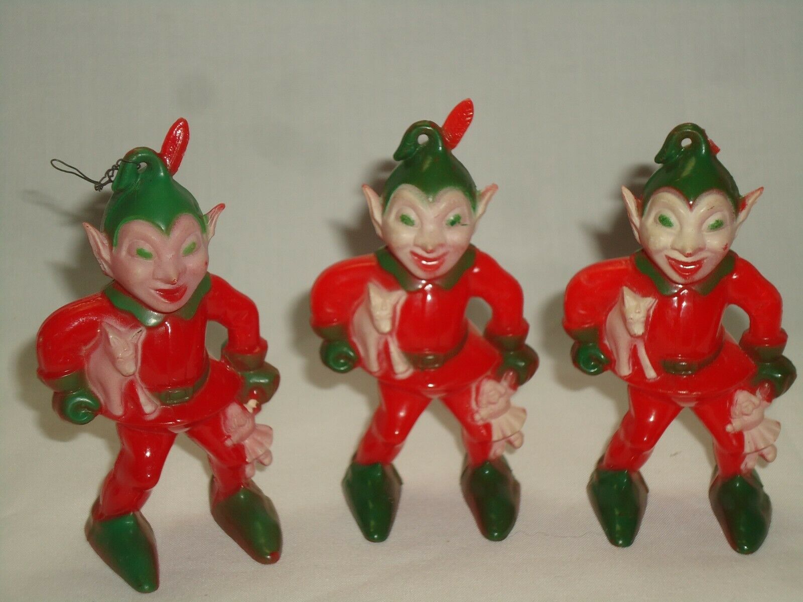3 Vintage 1950s ROSBRO Hard Plastic Christmas Ornaments Elves Holding ...