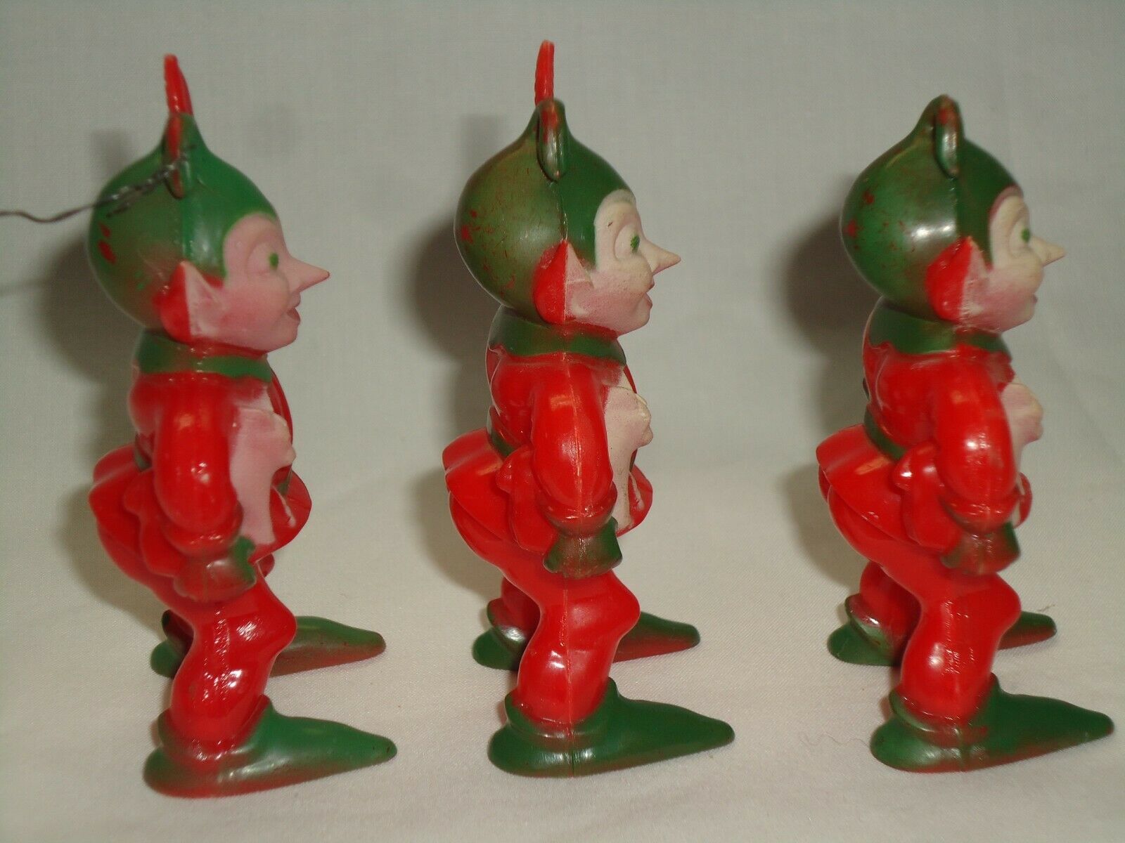 3 Vintage 1950s ROSBRO Hard Plastic Christmas Ornaments Elves Holding ...