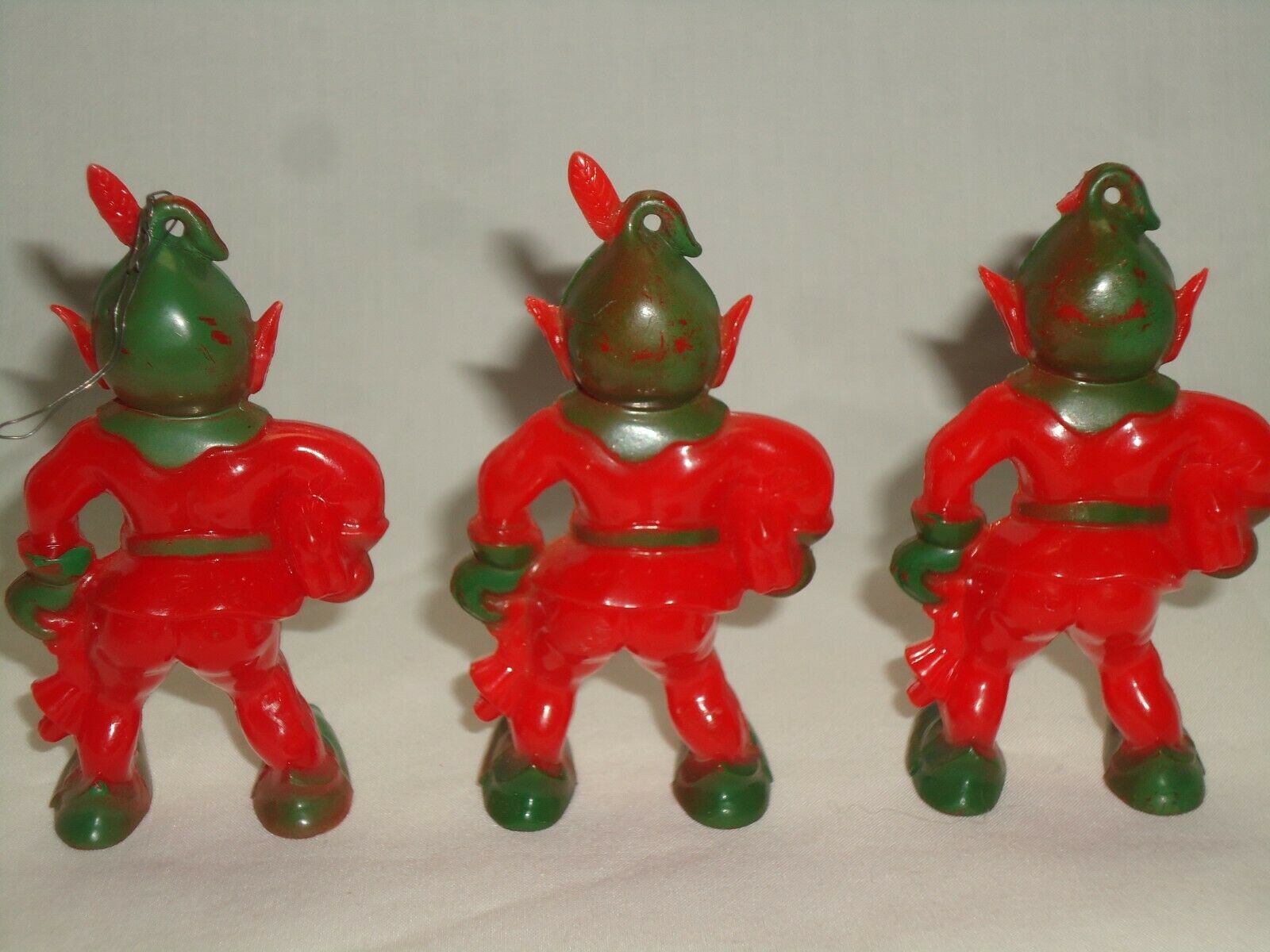 3 Vintage 1950s ROSBRO Hard Plastic Christmas Ornaments Elves Holding ...
