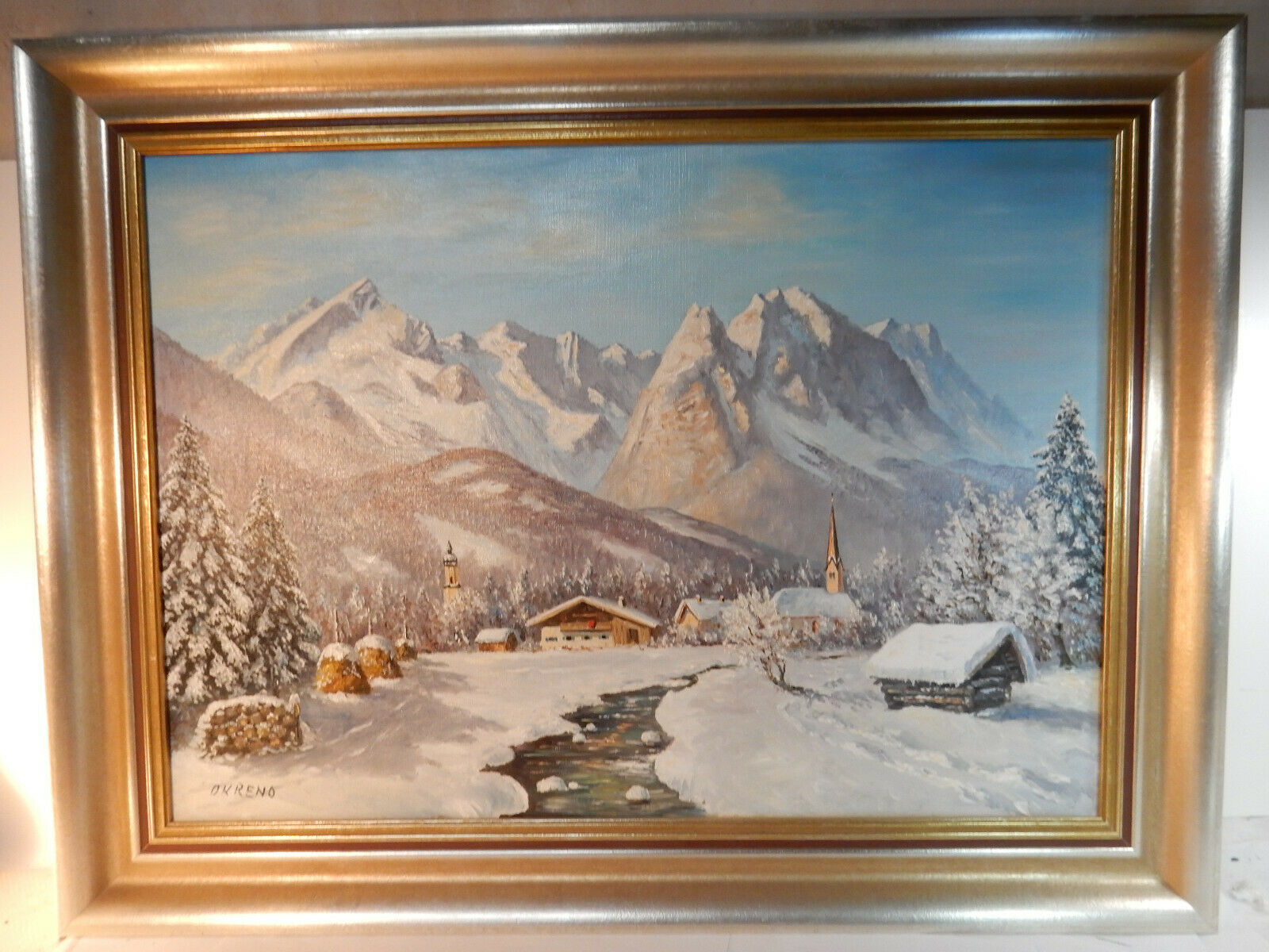 RARE Huge VTG Oil Painting Mountains Landscape German Artist OKRENO ...