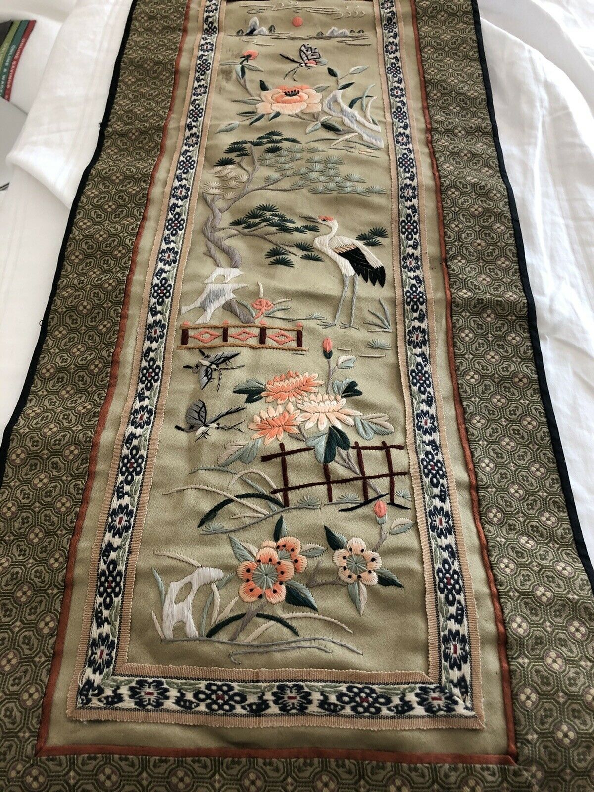 Vintage Chinese Hand Embroidered Silk Panel Tapestry Stalk Bird ...