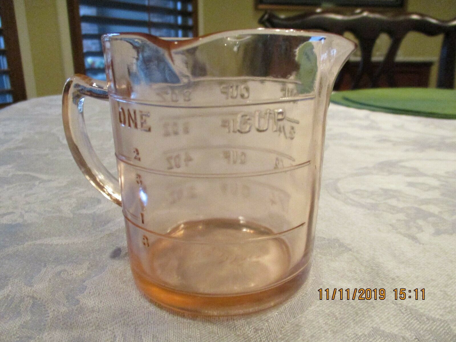 VINTAGE KELLOGG ' S PINK DEPRESSION GLASS MEASURING CUP WITH THREE ...