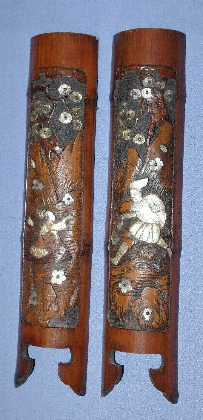 Impressive Pair 19th C Antique Meiji Japanese Large Bamboo Panels ...