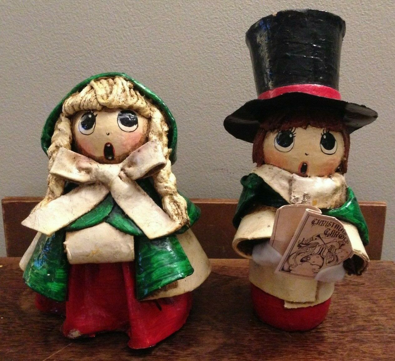 Vintage Paper Mache Boy Girl Christmas Carolers Standing Decorations ...
