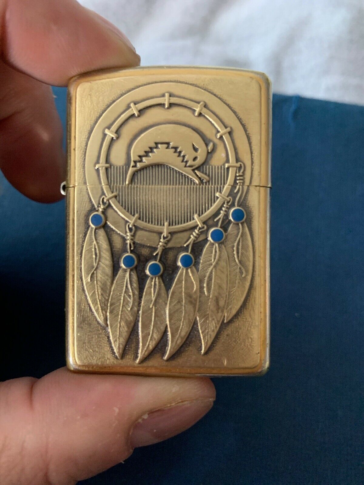 Gold 03 Full Brass Emblem Indian Dream Catcher With Blue Sapphire Zippo ...