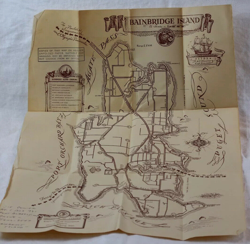 Vintage 1955 Map Bainbridge Island WA Kitsap County Puget Sound Is On ...