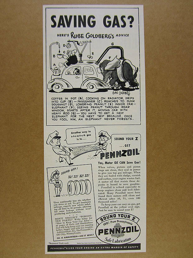 1943 Rube Goldberg Elephant Car Machine Art Pennzoil Oil Vintage Print ...