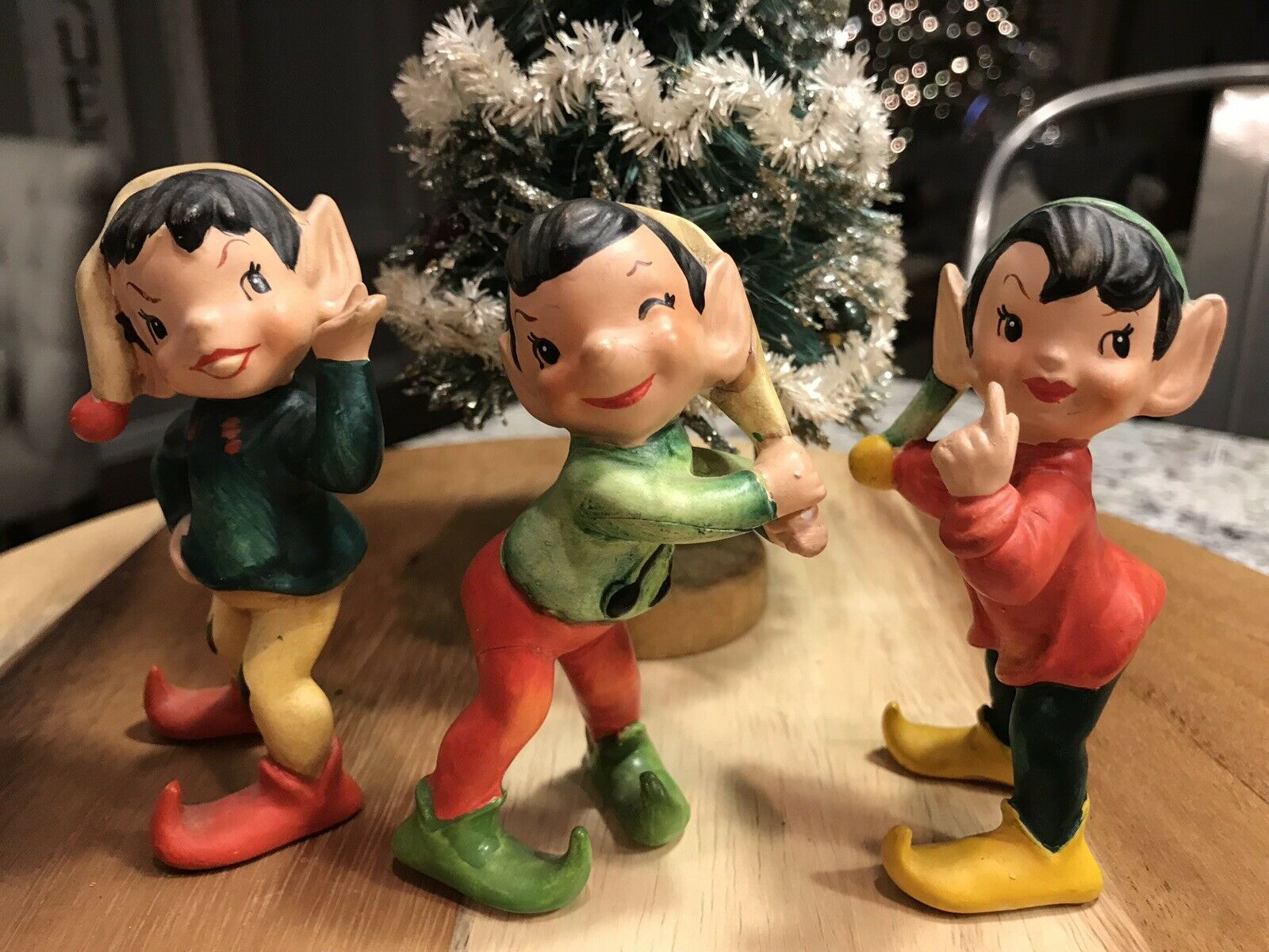 3 Vintage Lefton Christmas Elves Pixies Figurines Porcelain | #19383607