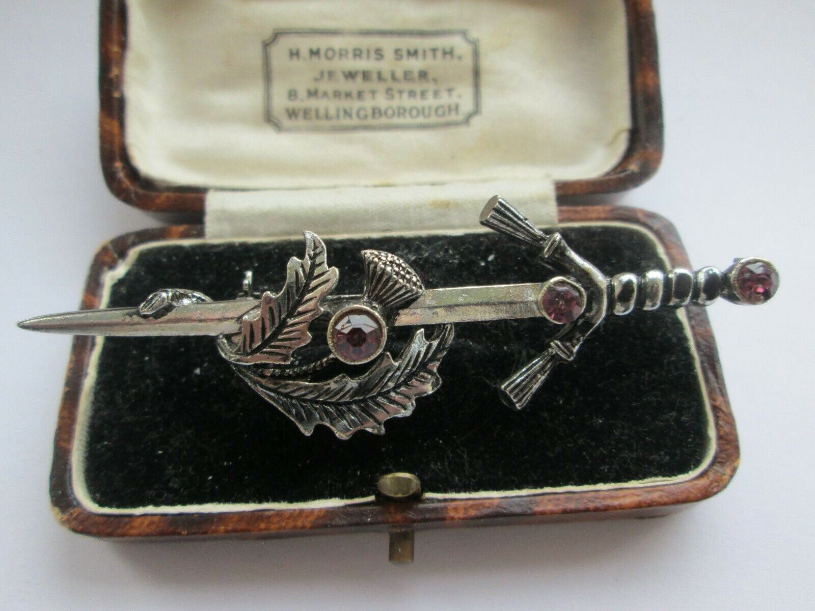 VINTAGE CELTIC SCOTTISH THISTLE AMETHYST GLASS SWORD BROOCH KILT PIN ...
