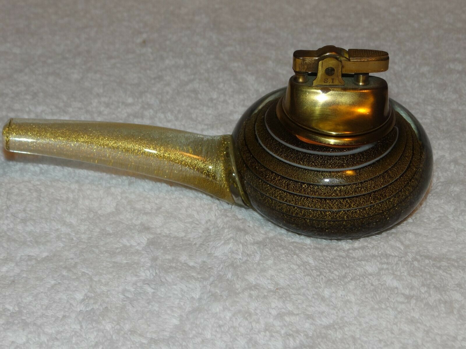 Vintage Glass Gold Pipe Shaped Base With Brass Table Lighter Made In ...