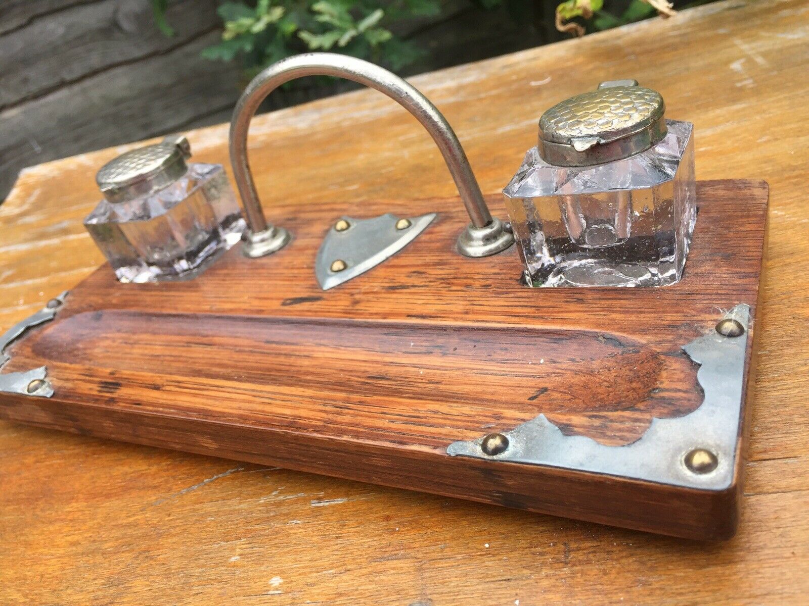 Antique Vintage Oak Ink Well Desk Top | #18473066