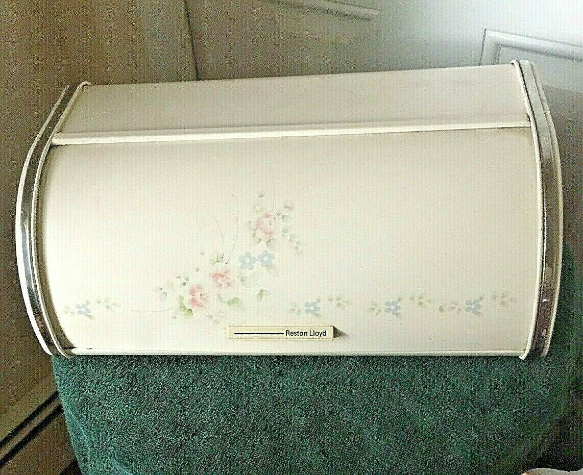 Vintage Reston Lloyd Metal Bread Box Kitchen Storage Roll Top | #18386551