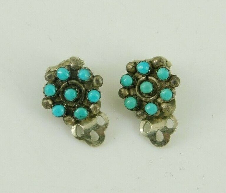 Vintage Southwestern Sterling Silver Turquoise Clip On Earrings | #18387932