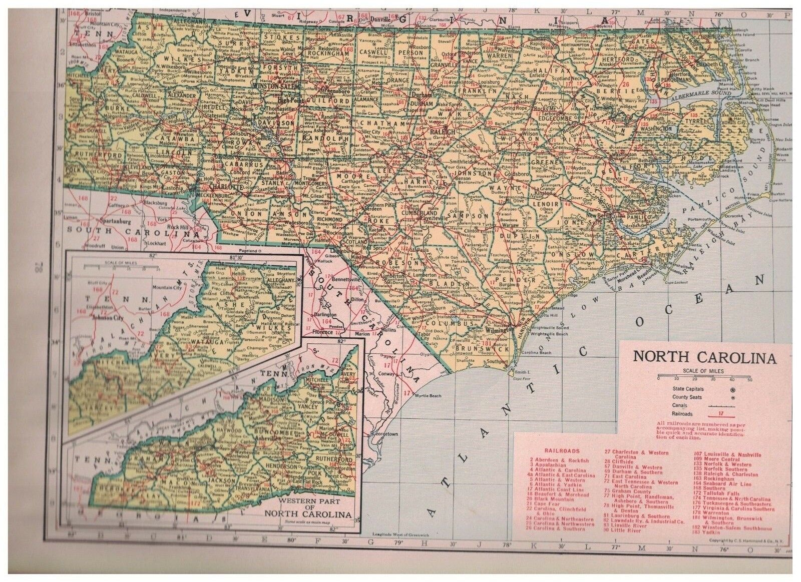 1942 Railroad Map Of York With A Railroad Map Of North Carolina On Back ...