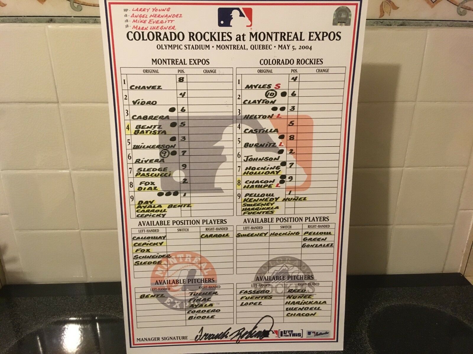 2004 MLB Lineup Card Montreal Expos Vs Colorado Rockies Signed By Frank ...