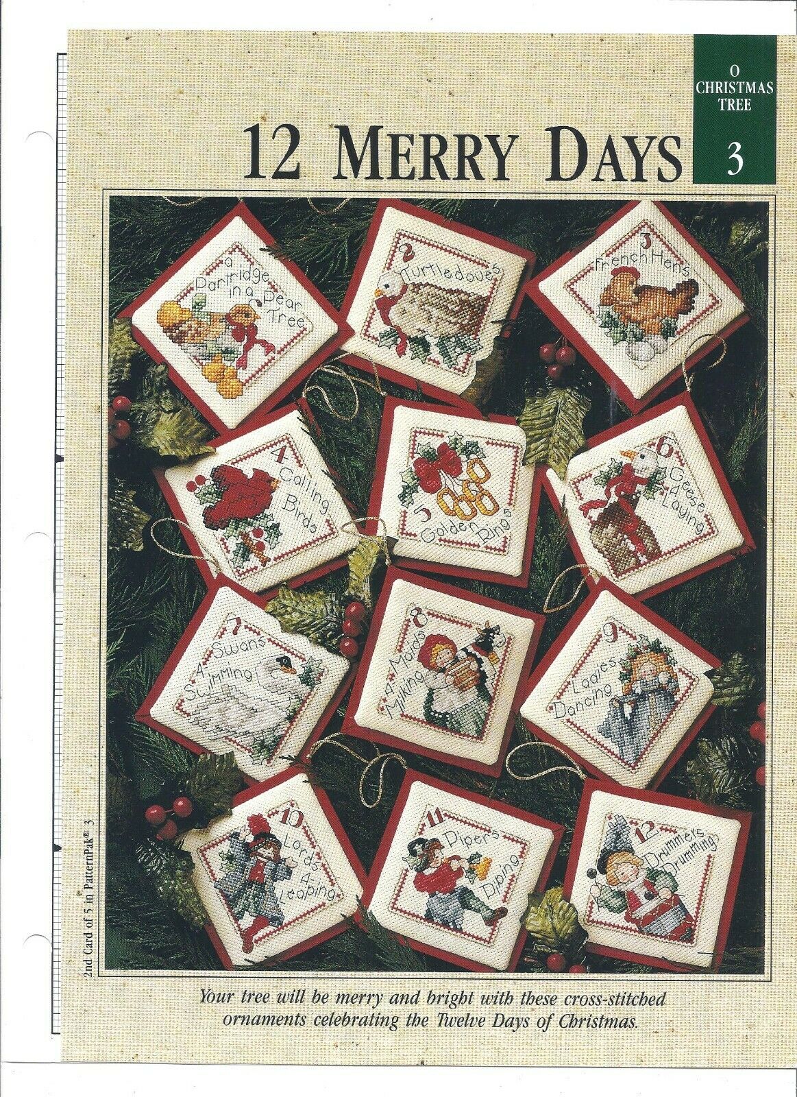 Vintage The TWELVE DAYS Of Christmas Tree Ornaments Cross Stitch Chart ...