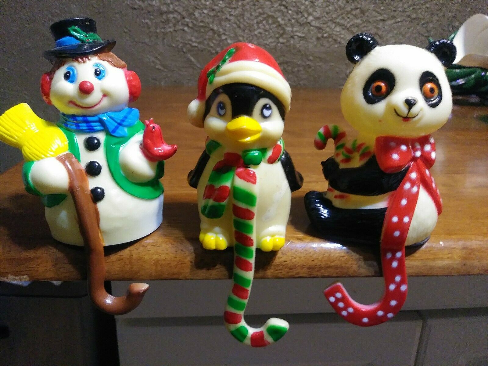3 Christmas Stocking Holder Hard Plastic Penguin Snowman Panda Vintage ...