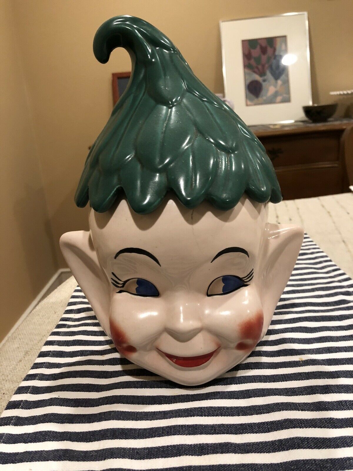 Vintage 1950 Pixie Elf Cookie Jar With Green Leaf Hat | #18262040