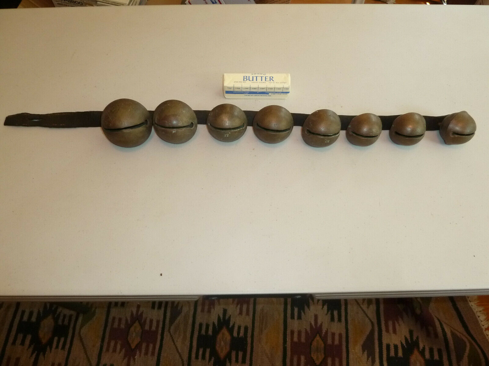 Antique Brass Sleigh Bells On Leather Strap (Pedal Pattern) | #18308522