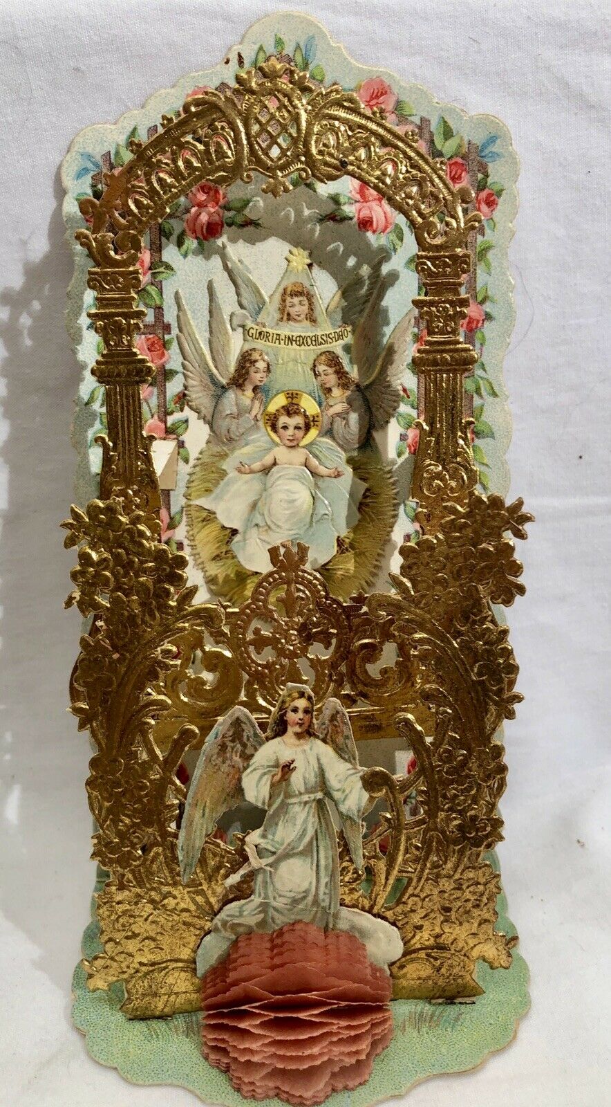 Antique German 3D Honeycomb Fold Out Dresden Christmas Card Angels ...