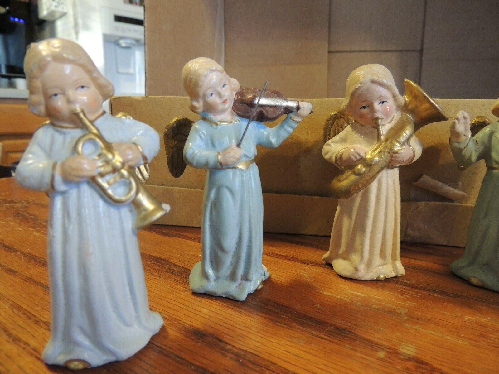 6 Vintage Paper Mache Angels Playing Instruments, From Germany | #18203760