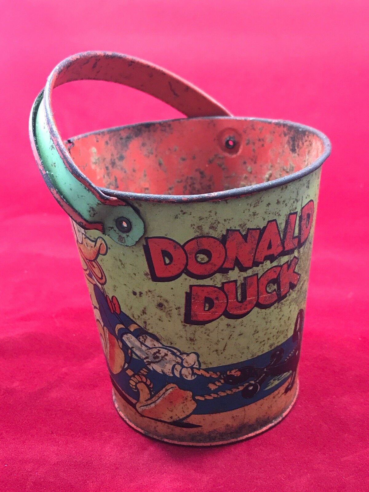 ANTIQUE 1938 DONALD DUCK WALT DISNEY OHIO ART TIN SAND PAIL WITH HANDLE ...