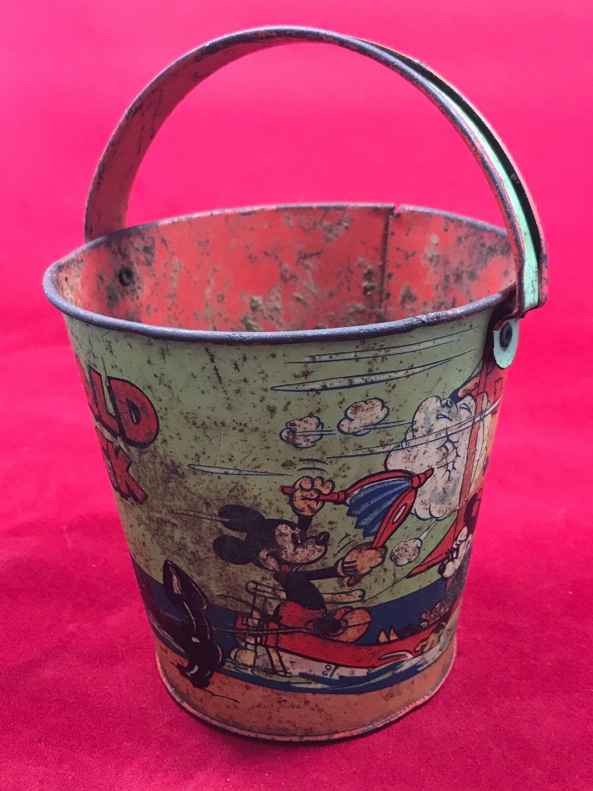 ANTIQUE 1938 DONALD DUCK WALT DISNEY OHIO ART TIN SAND PAIL WITH HANDLE ...