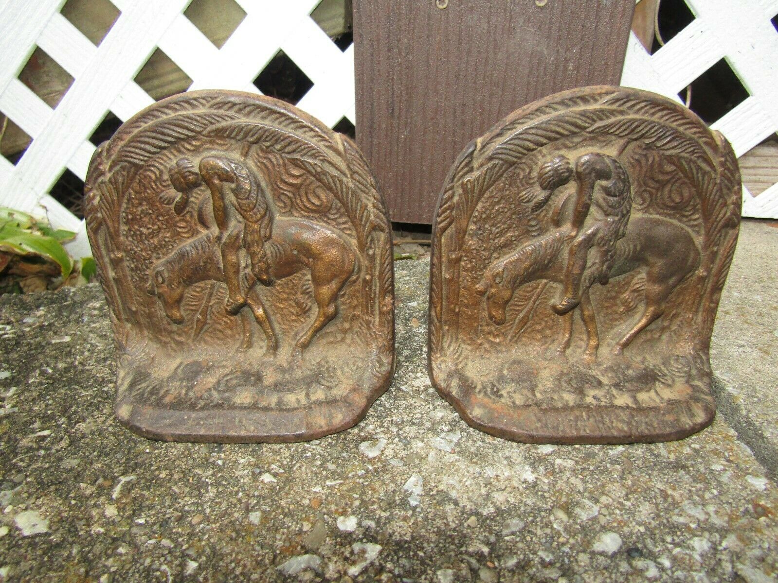 Vintage End Of The Trail Bookends Indian & Horse Metal Brass | #18214600