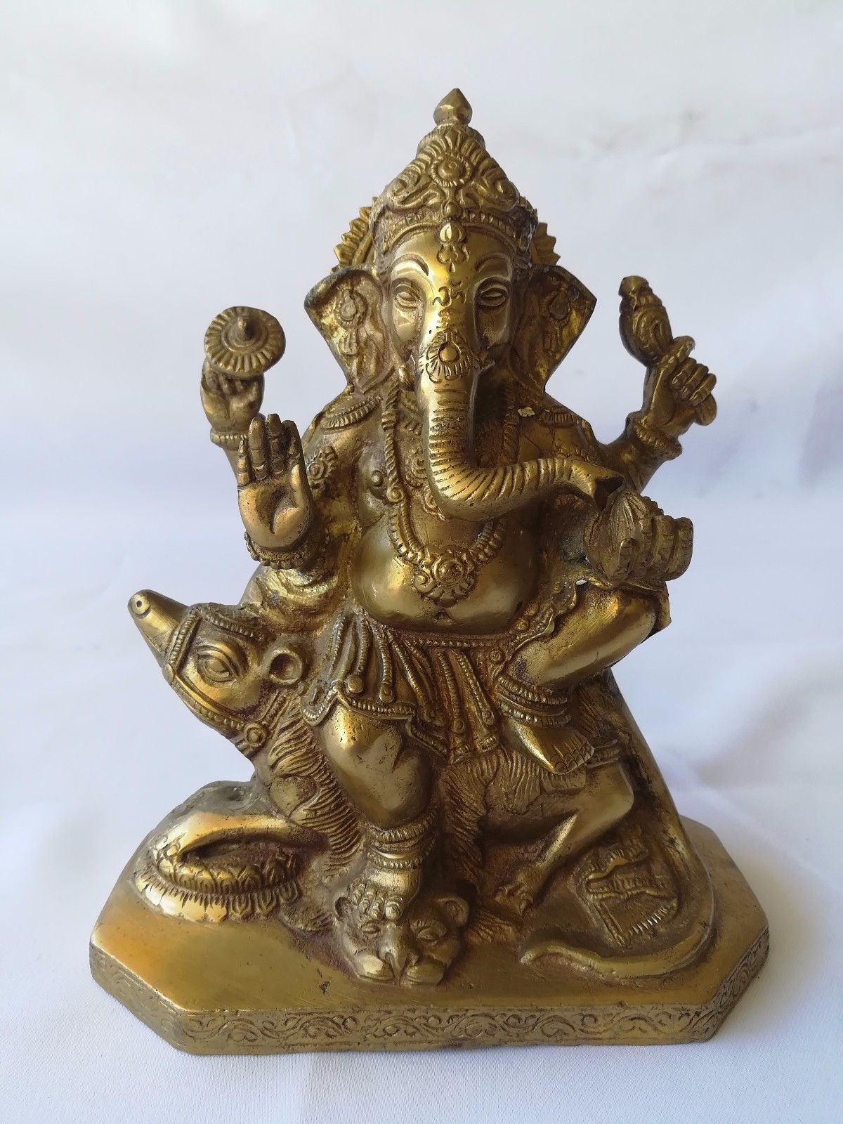 Asian Antique Gold Color Brass Statue Resin Hindu Elephant God Ganesh ...
