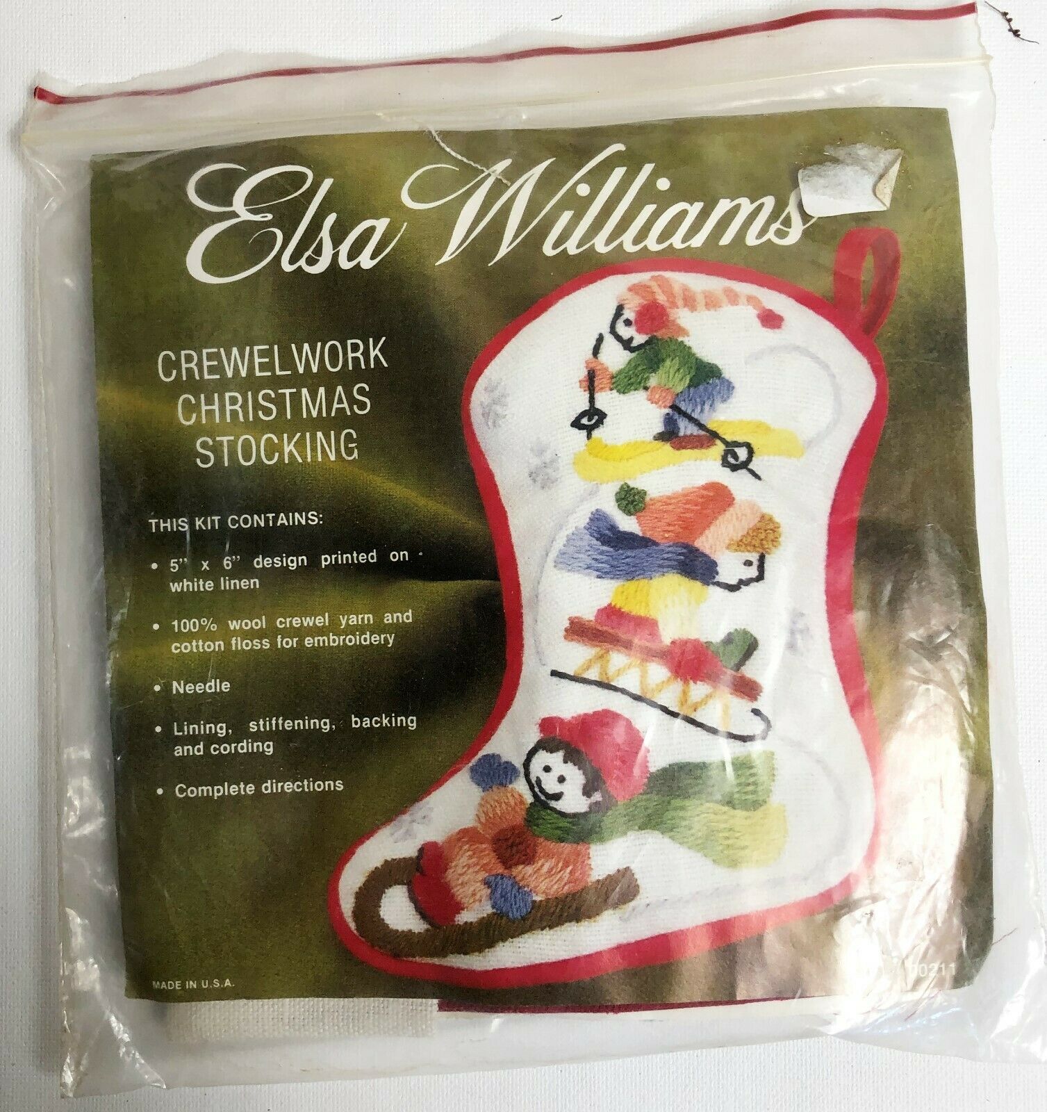 Vintage Elsa Williams Christmas Crewel Work Stocking Embroidery Kit Ski ...