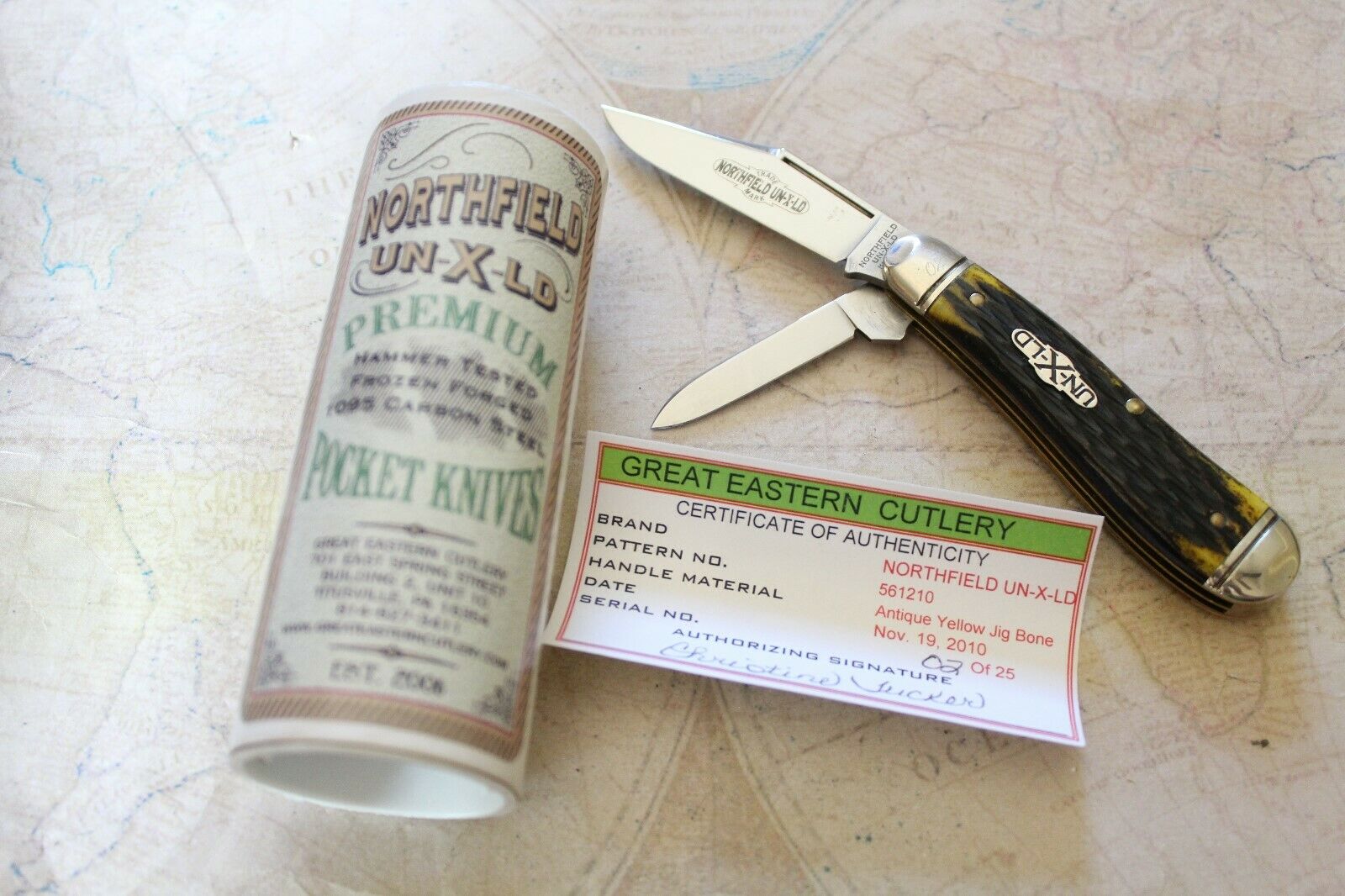 Great Eastern Cutlery Northfield USA Antique Yellow Bone Dogleg Trapper ...