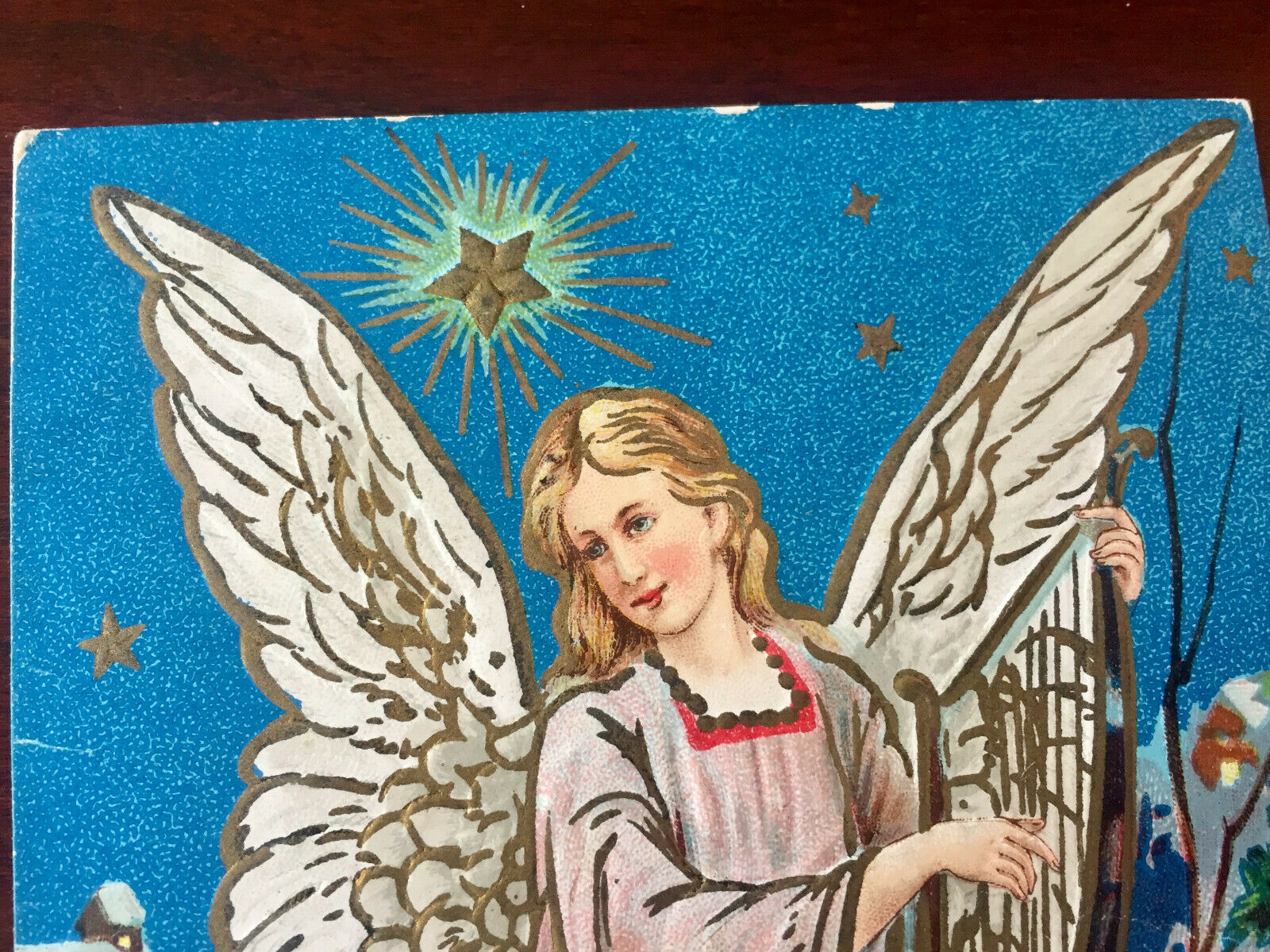 Vintage Christmas Greetings Embossed Postcard Angel With Wings Harp ...