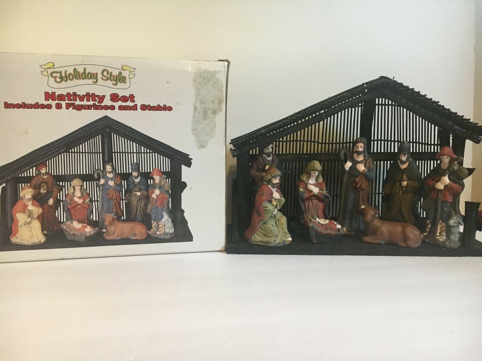 Vintage Christmas Nativity Set Wooden Stable Ceramic Figurines Box ...