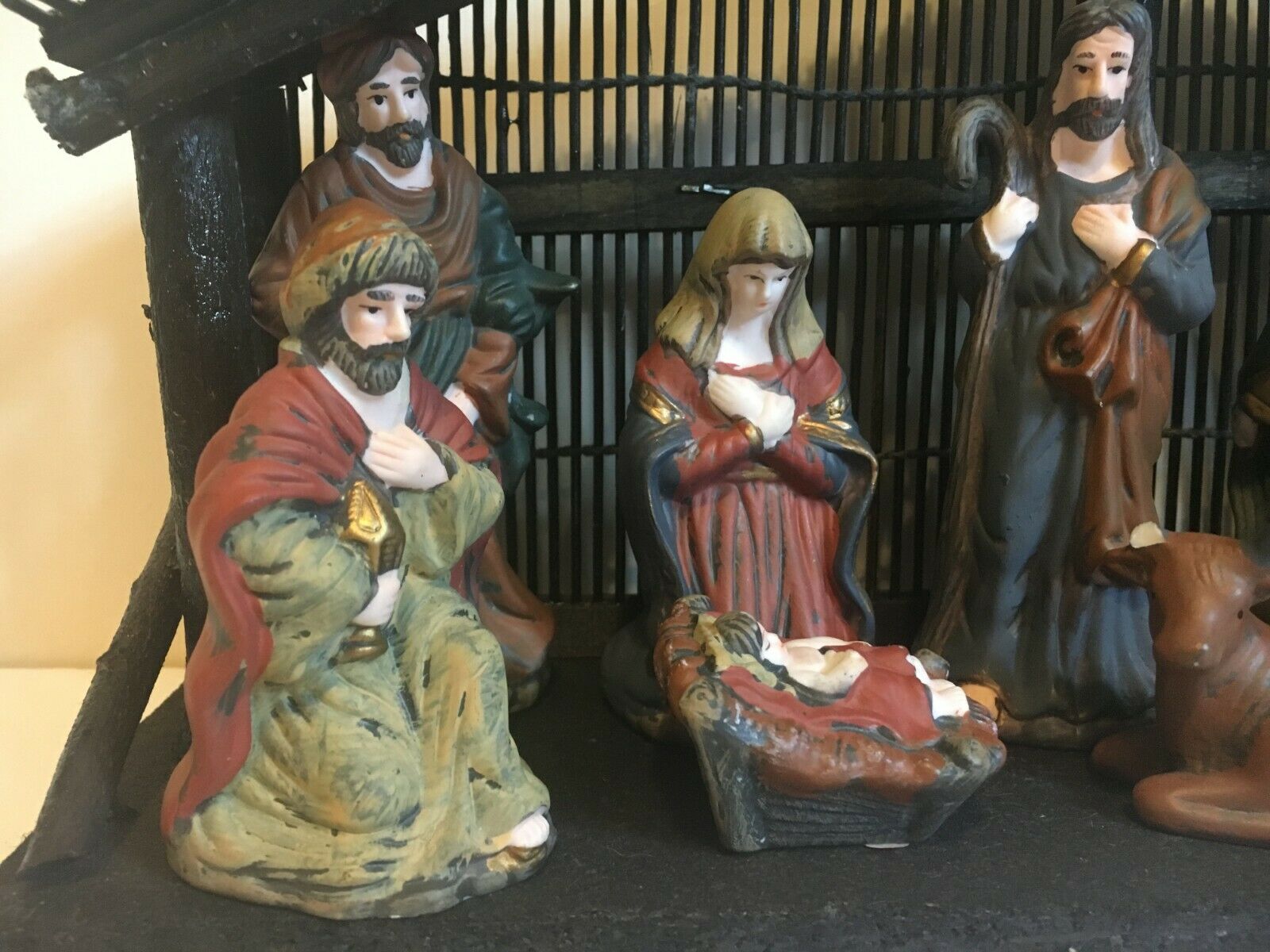 Vintage Christmas Nativity Set Wooden Stable Ceramic Figurines Box ...