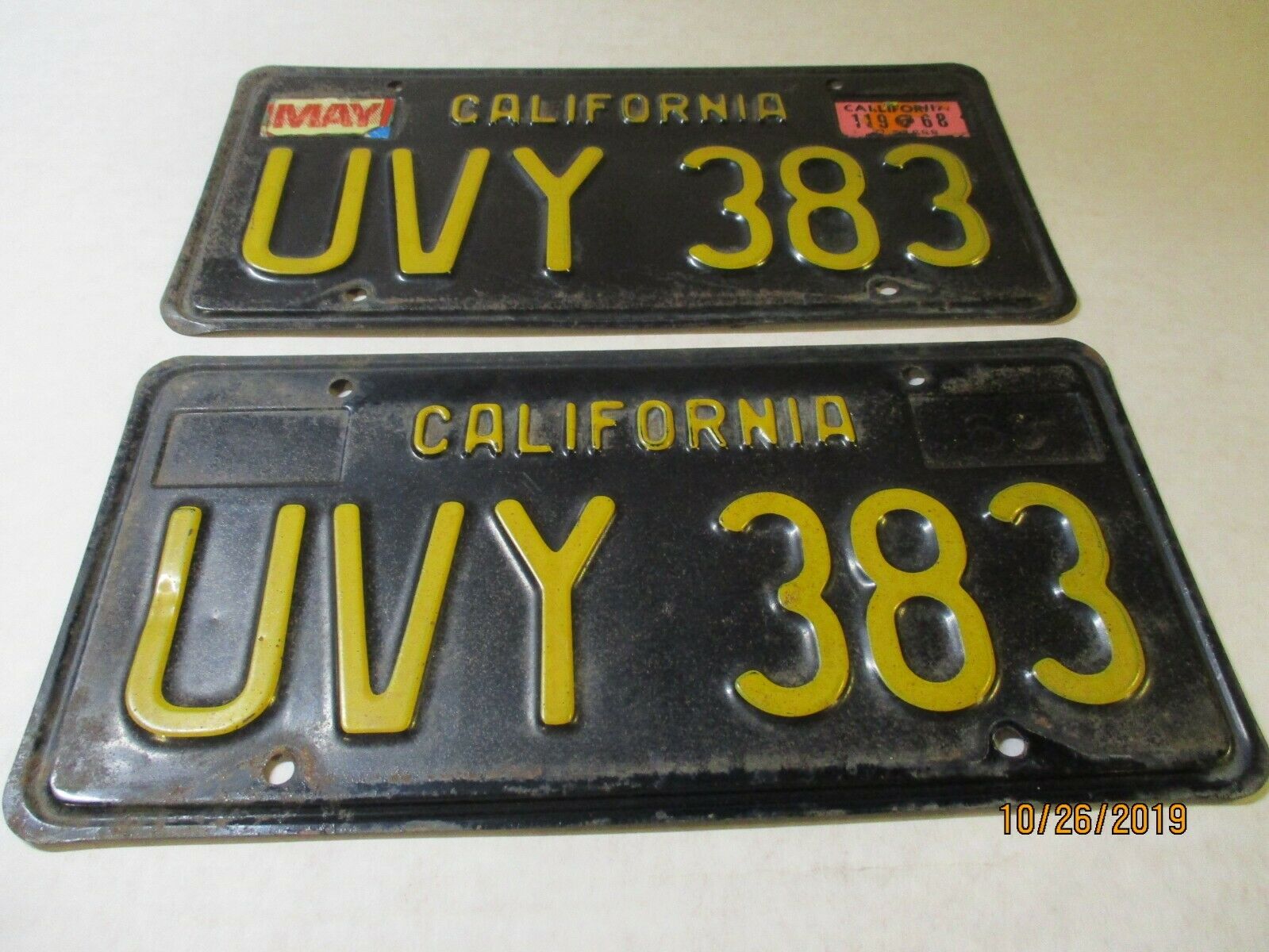 PAIR 1963 CALIFORNIA LICENSE PLATES Tag UVY 383 WITH LAST DECALS OF MAY ...