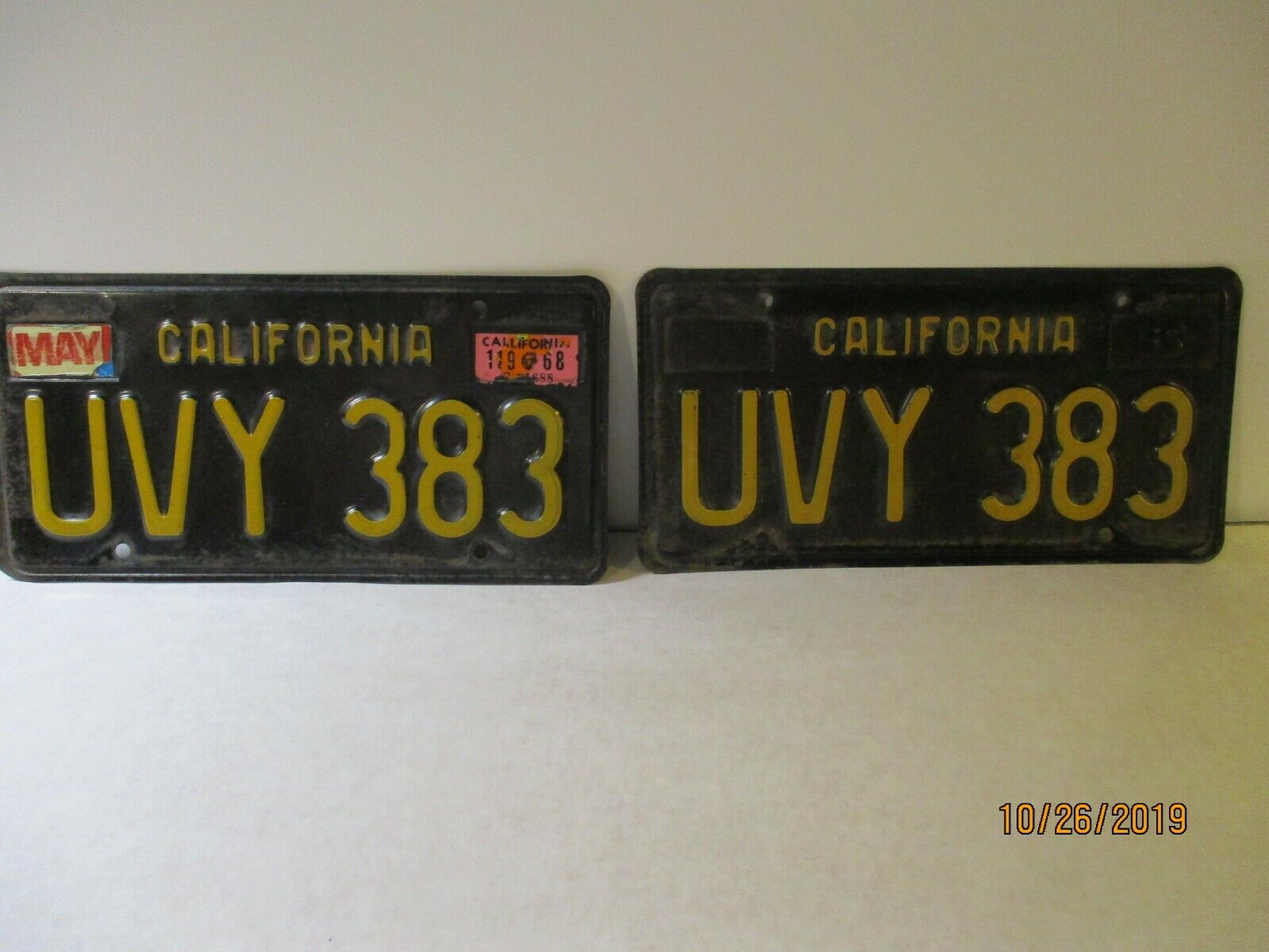 PAIR 1963 CALIFORNIA LICENSE PLATES Tag UVY 383 WITH LAST DECALS OF MAY ...